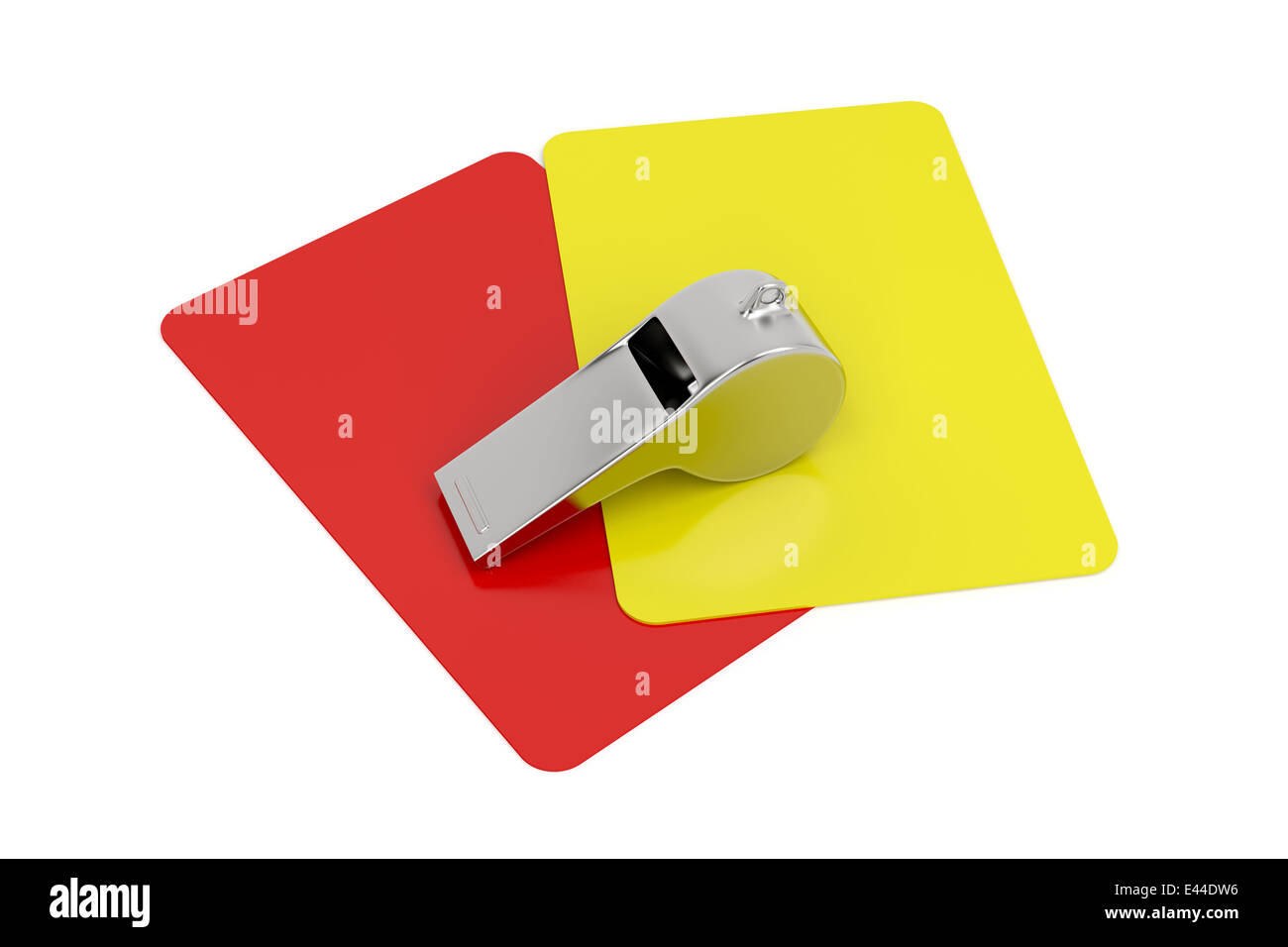 Red and yellow cards and metal whistle on white background Stock Photo ...