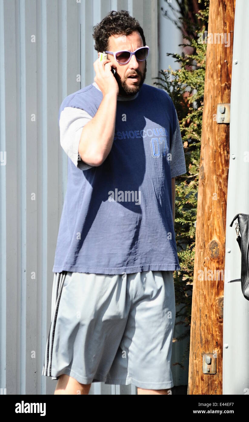 Adam Sandler, sporting a beard, talks on his cell phone while out to ...