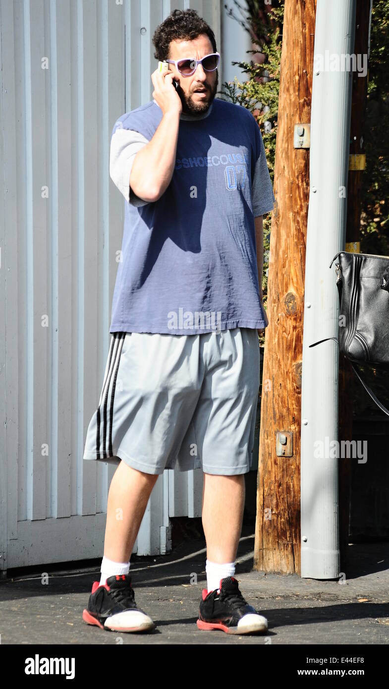 Adam Sandler, sporting a beard, talks on his cell phone while out to ...