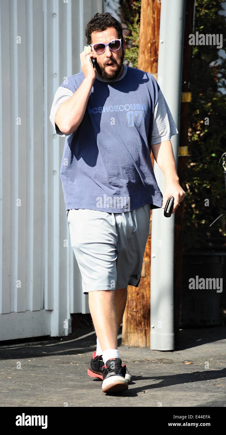 Adam Sandler, sporting a beard, talks on his cell phone while out to ...