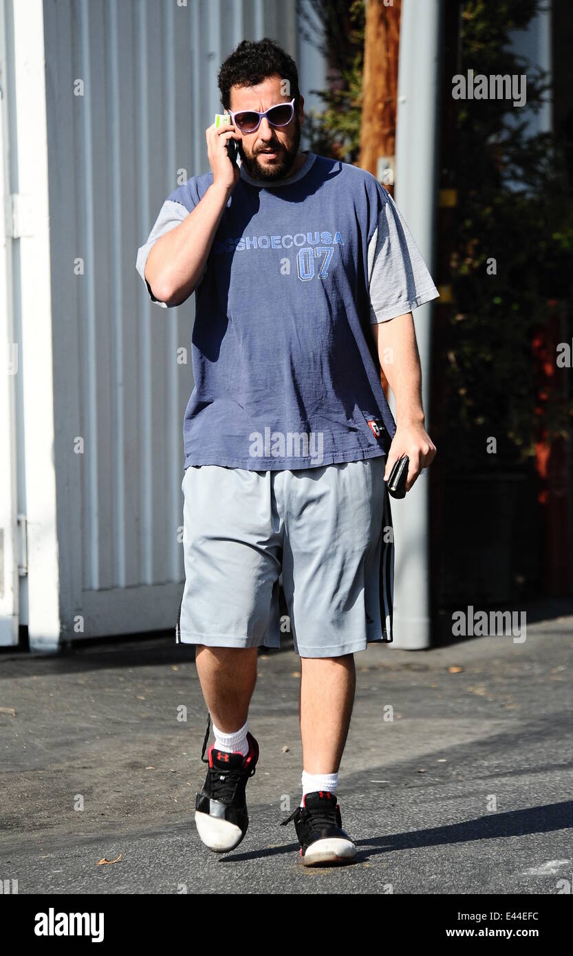 Adam Sandler, sporting a beard, talks on his cell phone while out to ...