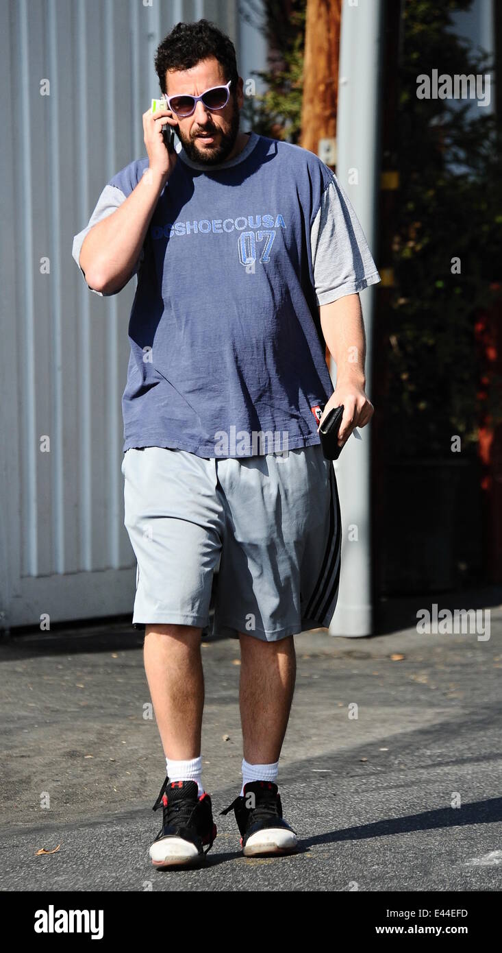 Adam Sandler, sporting a beard, talks on his cell phone while out to ...