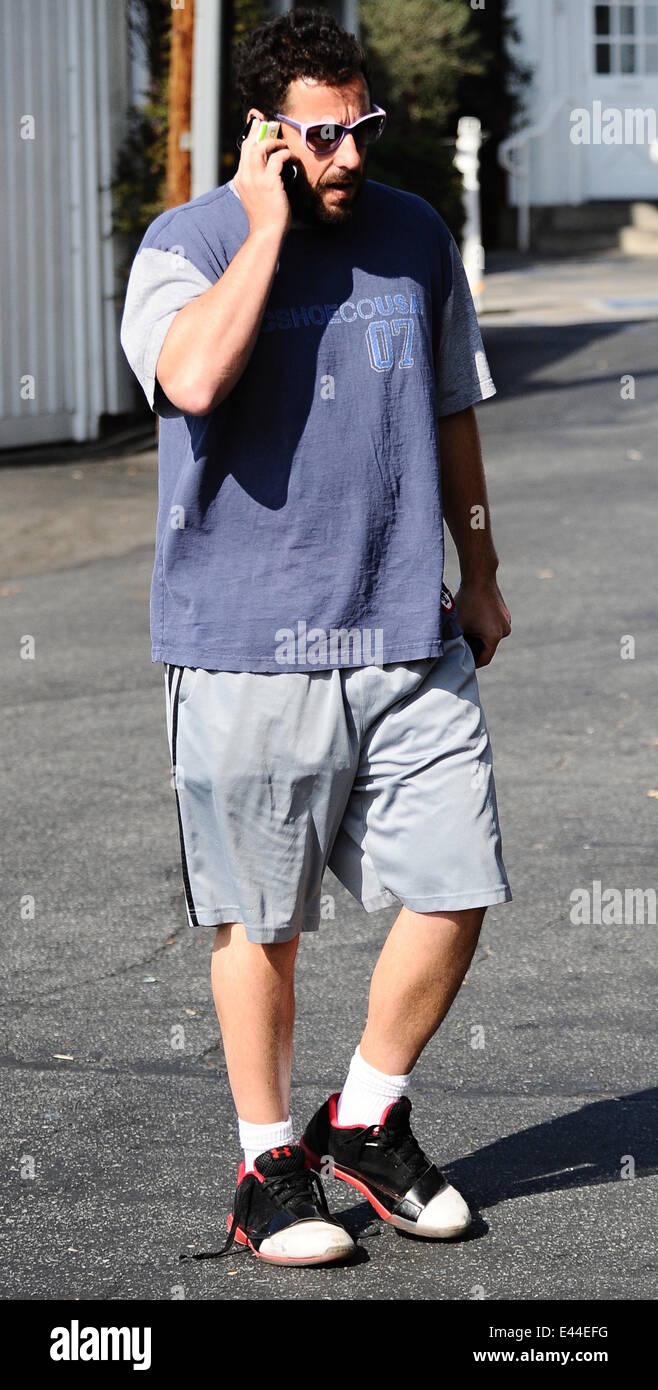 Adam Sandler, sporting a beard, talks on his cell phone while out to ...