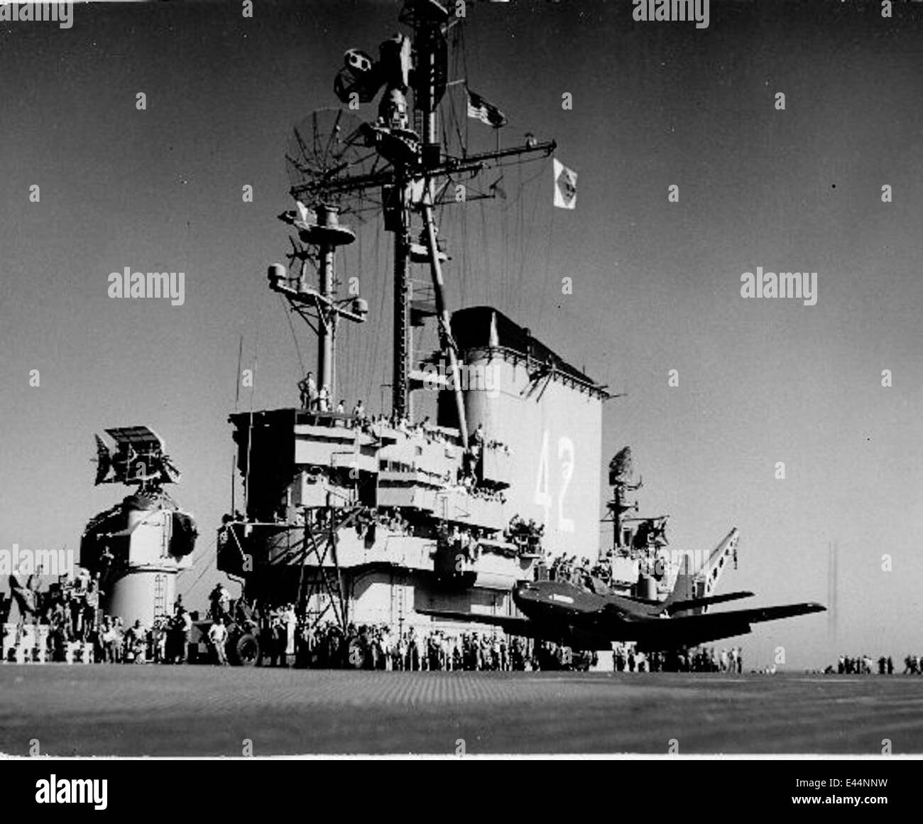 A photograph of the McDonnell FD1, a jet aircraft aboard the aircraft ...
