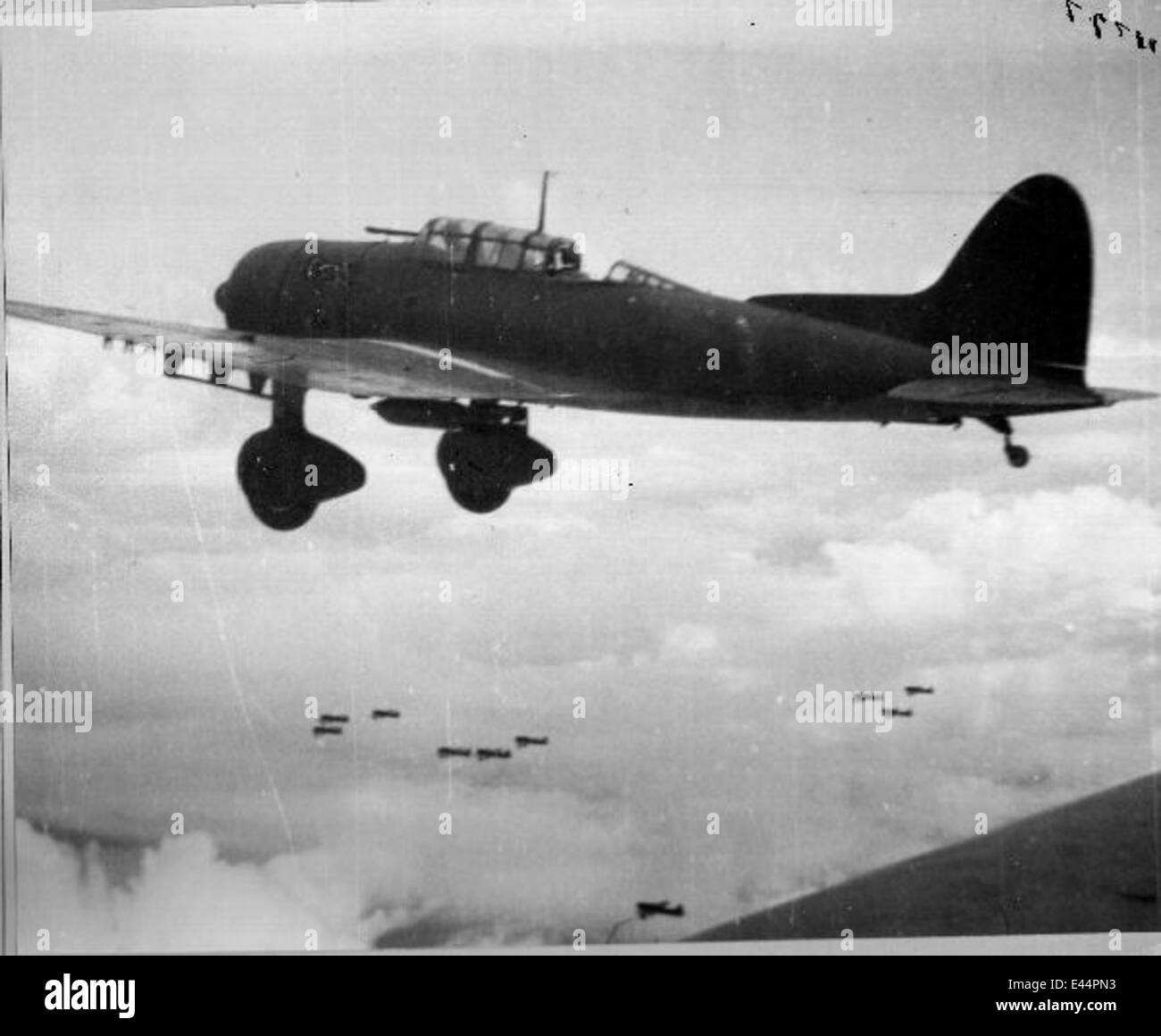 A 1943 image showing Japanese Aichi D3A Val dive bombers, crucial in World War II naval ...