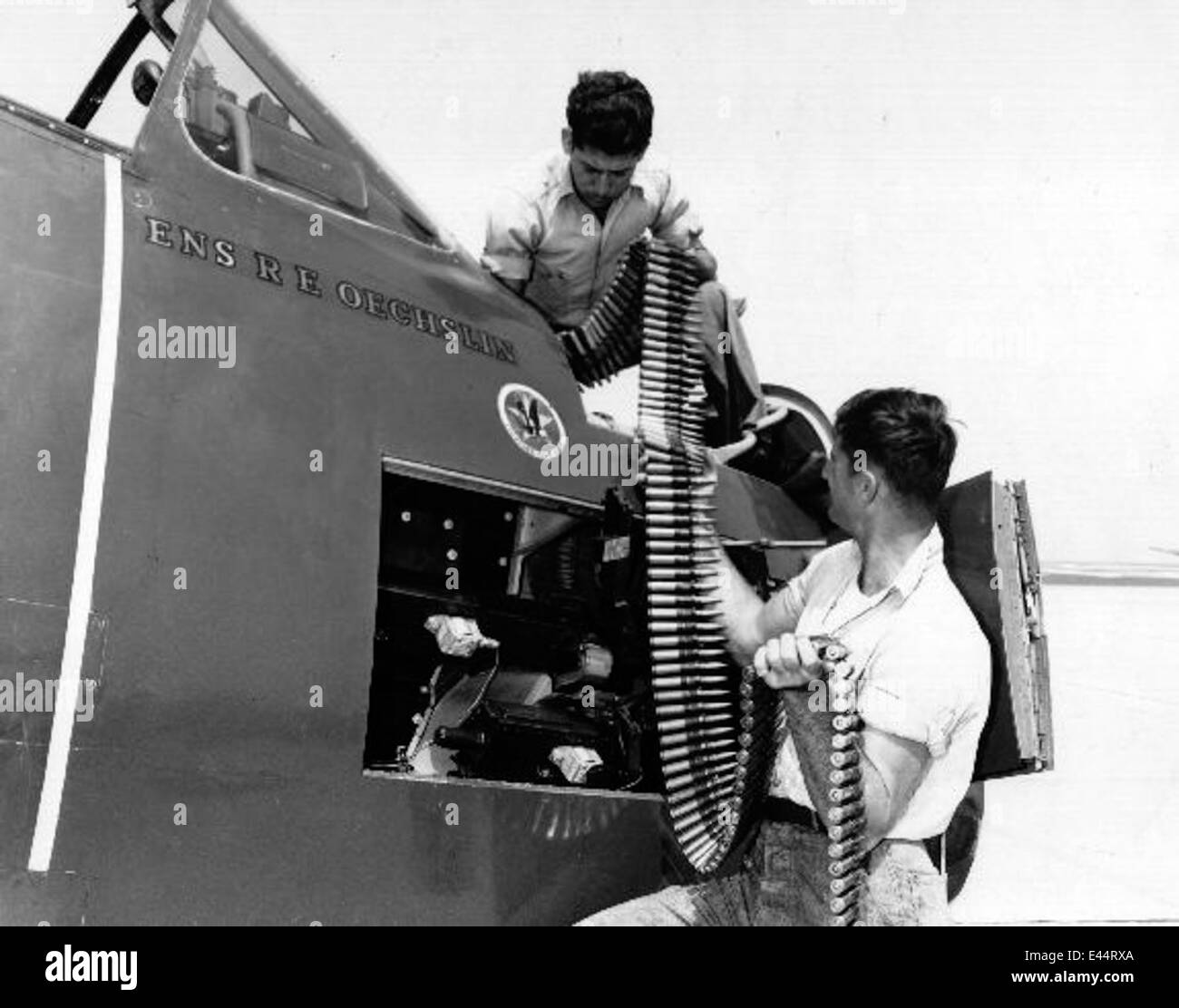 Photograph of FJ-1 Fury jet aircraft guns, demonstrating the armament ...