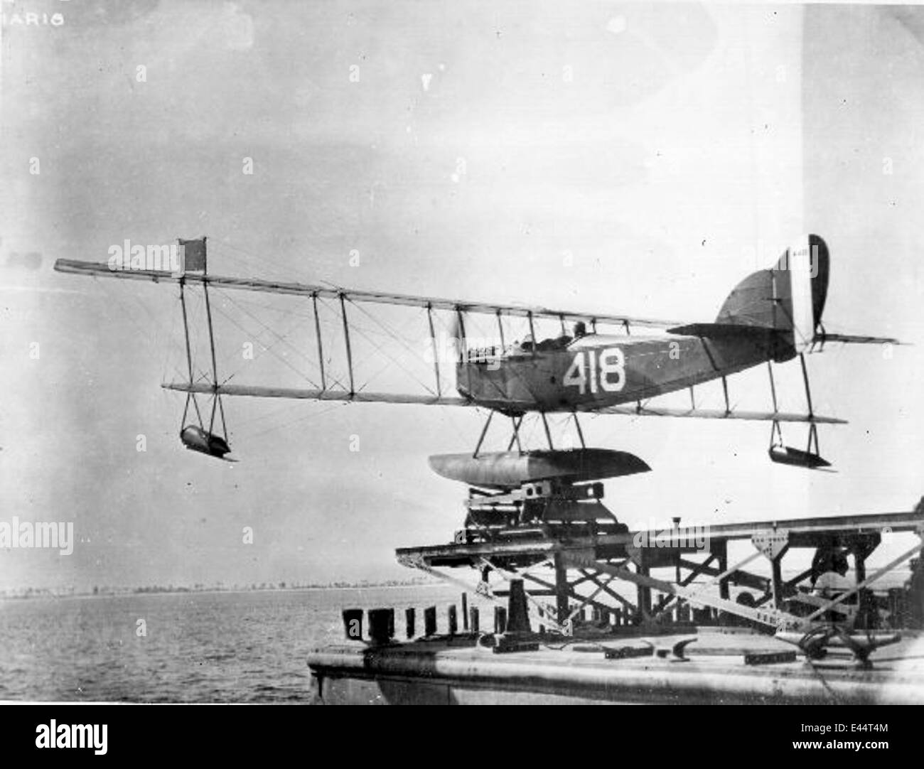 The Curtiss N9, a biplane amphibian, positioned on an aircraft carrier ...