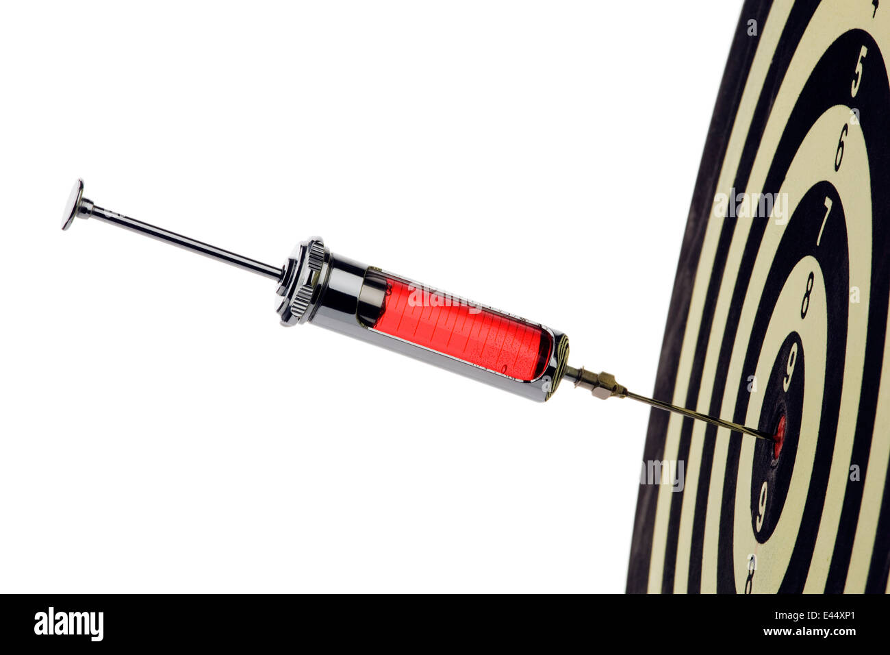 The syringe of a doctor in the middle of a target. Injection with blood ...