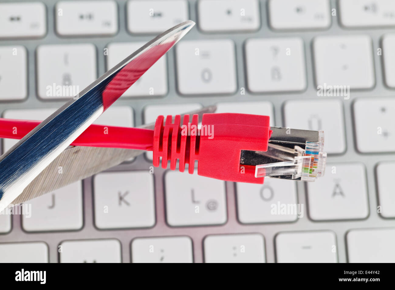 The red wire of a network from a computer. Separated with scissors ...