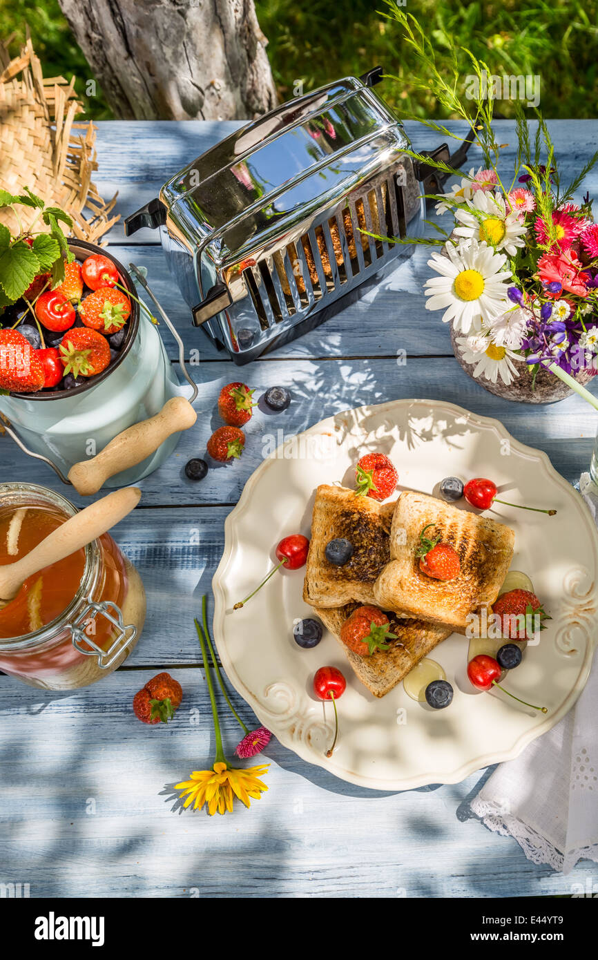 Breakfast in the garden with toast and fruit Stock Photo - Alamy