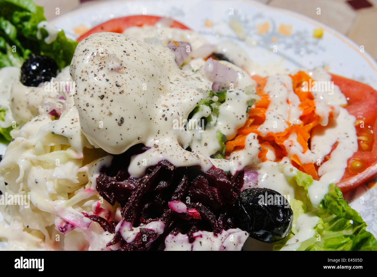 Traditional Moroccan salad consisting tomatoes, cabbage, beetroot ...