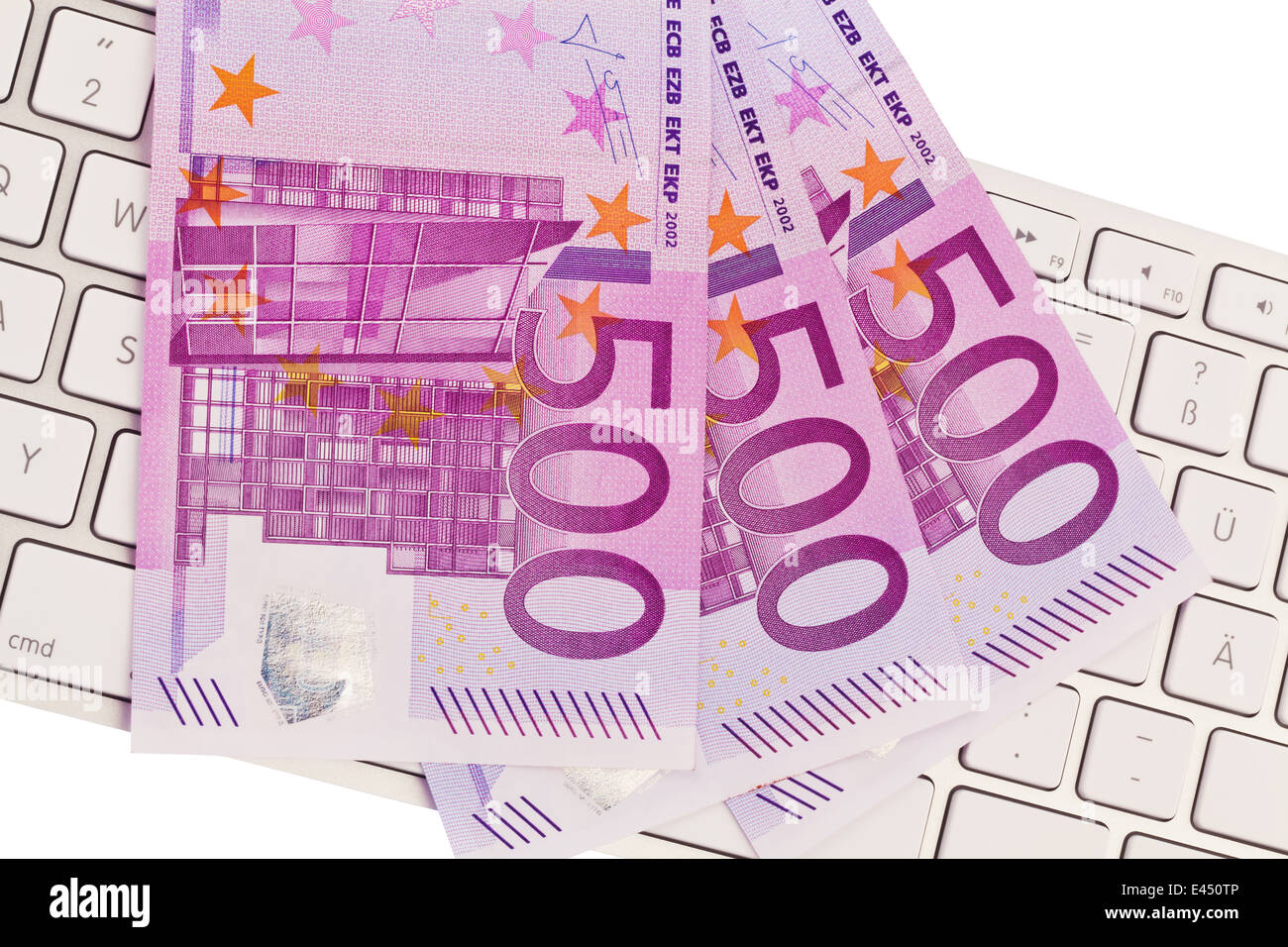 € 500 banknotes on a pile. On a computer keyboard Stock Photo - Alamy