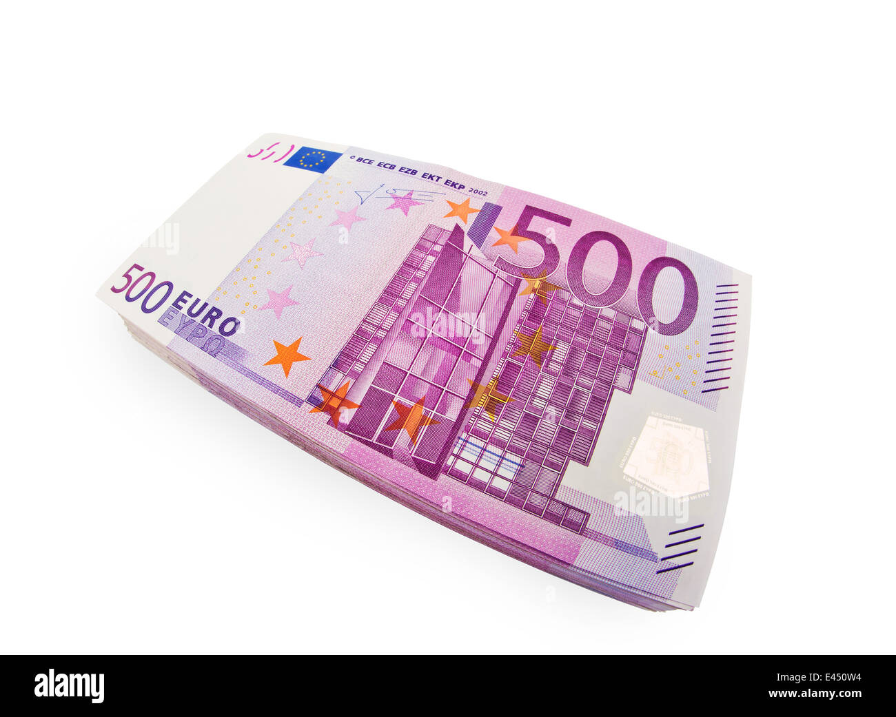 € 500 banknotes on a pile. Isolated on white background Stock Photo - Alamy