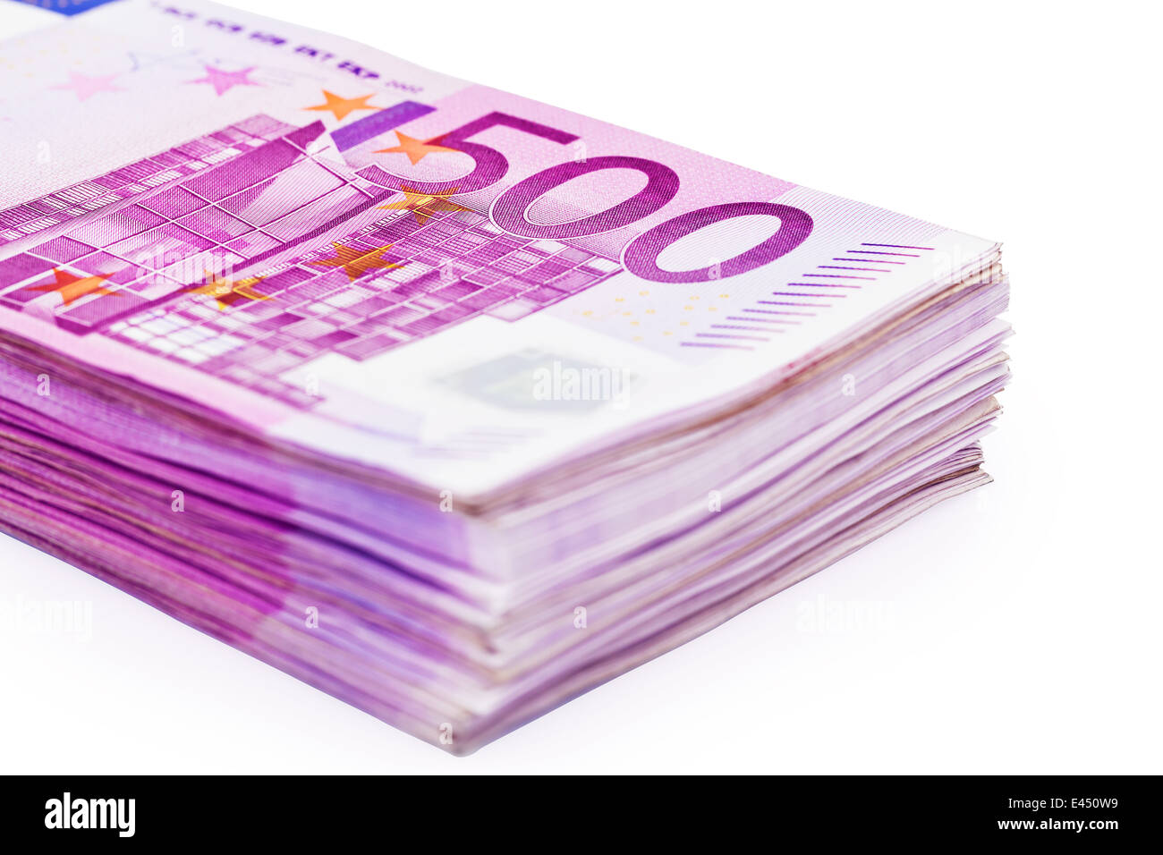 € 500 banknotes on a pile. Isolated on white background Stock Photo - Alamy