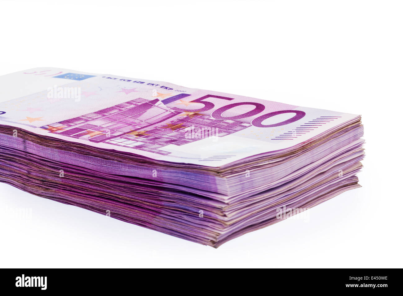€ 500 banknotes on a pile. Isolated on white background Stock Photo - Alamy