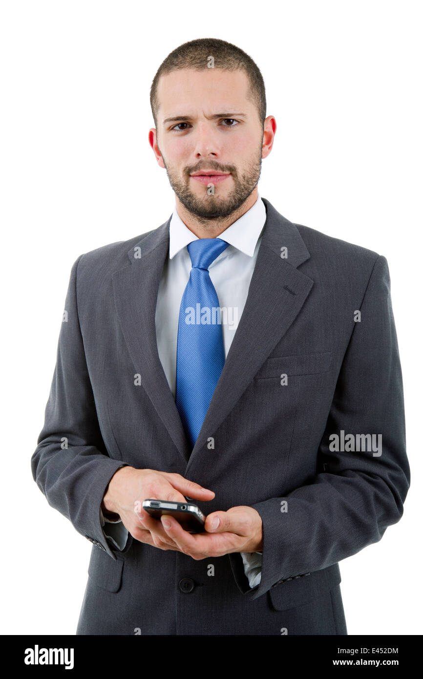 young business man looking to his phone, isolated Stock Photo - Alamy