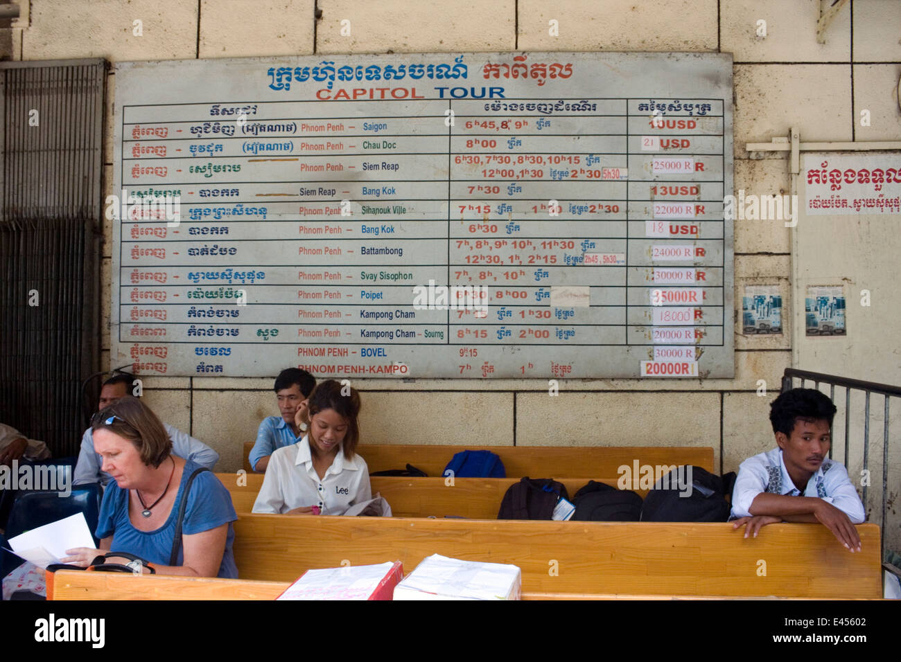 A large schedule board serves bus passengers at the Capitol Tours bus ...