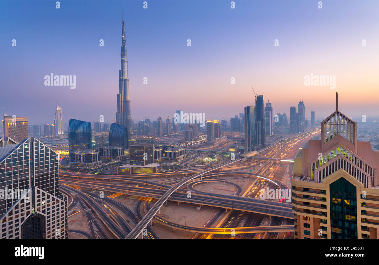 Downtown Dubai, Burj Khalifa at dawn, United Arab Emirates Stock Photo ...