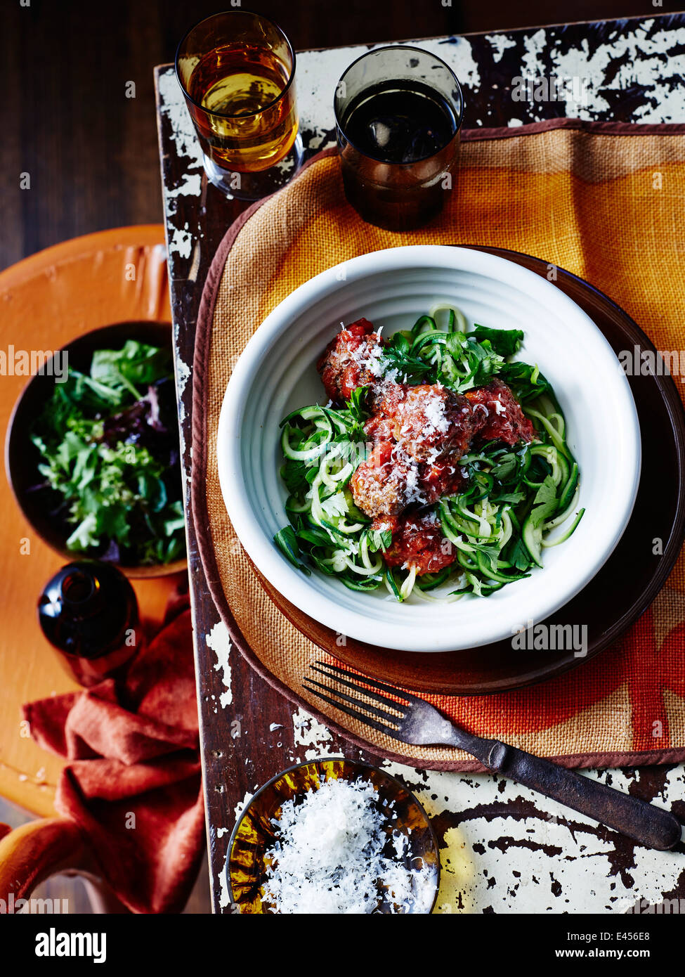 Still life of vegetable spaghetti with meatballs and parmesan Stock ...