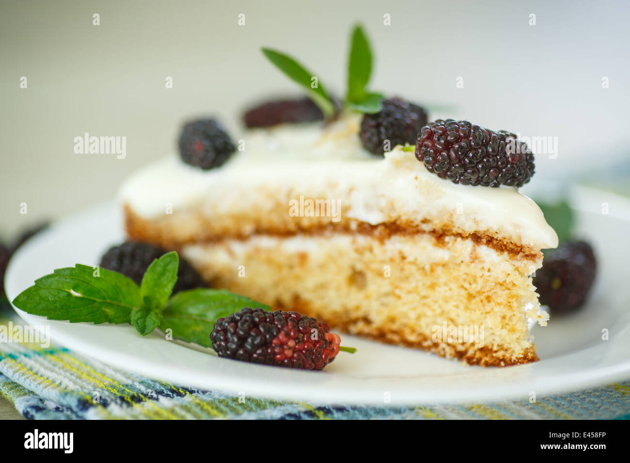 cake with mulberry on a white plate Stock Photo - Alamy