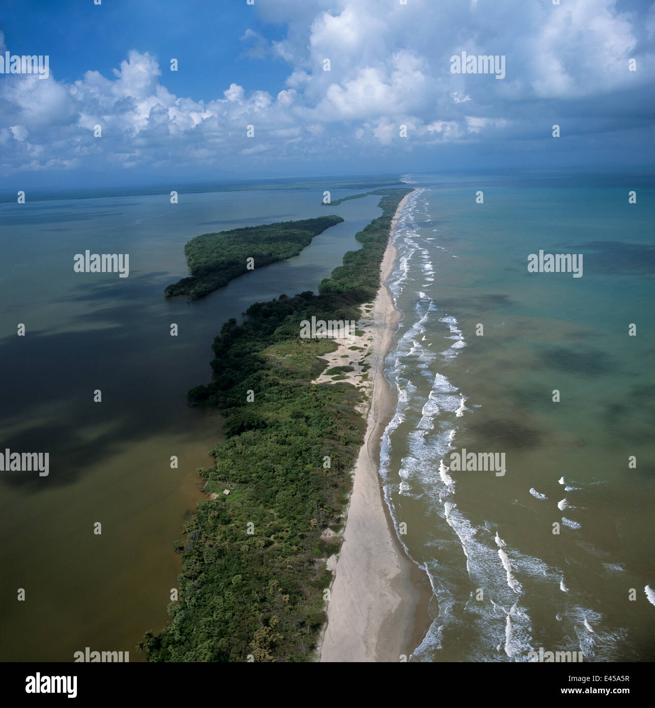 Aerial view of Brus Lagoon (on left) and Caribbean coast, Mosquitio ...