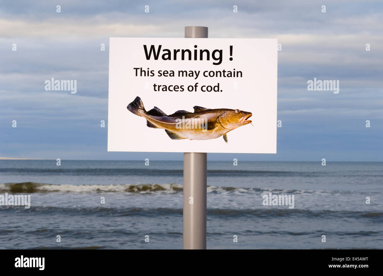 Spoof warning sign about scarcity of cod in the sea, Aberdeenshire ...