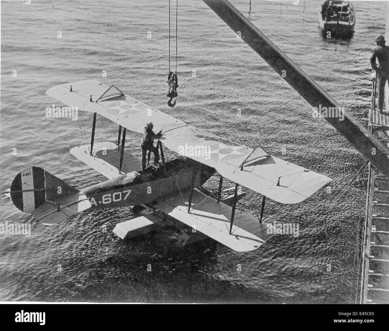 A photograph of an Aeromarine 39B seaplane on floats, displayed at the ...