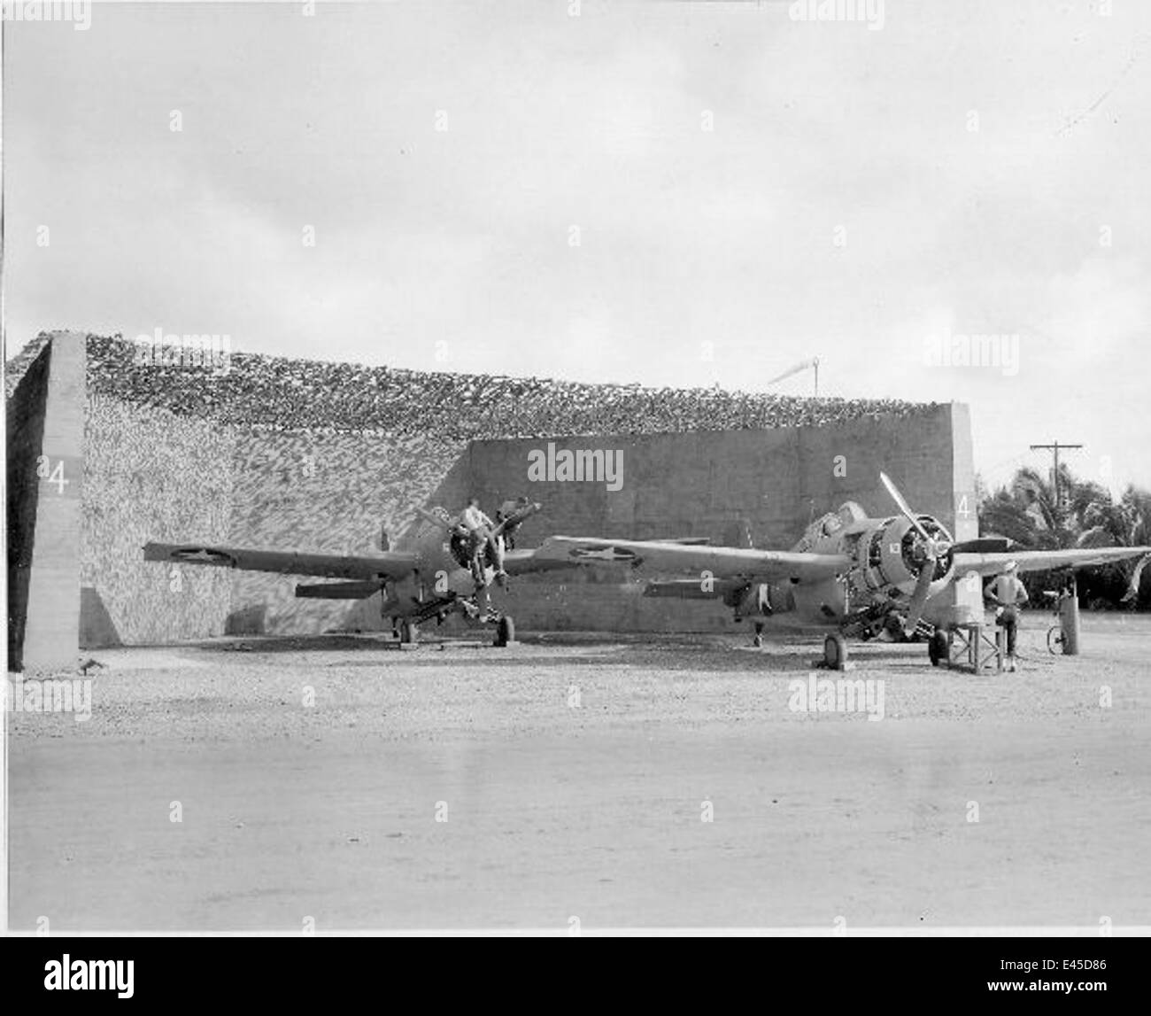 Two F4F Wildcat aircraft positioned in a revetment during 1942 ...