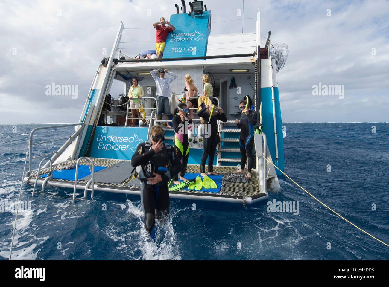 Research / Diving boat 'Undersea Explorer's back dive deck with divers ...