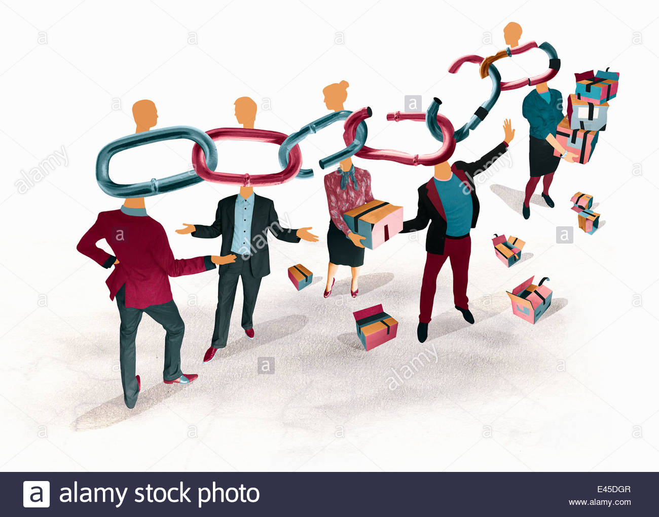 Broken teamwork link in chain of workers passing boxes Stock Photo ...