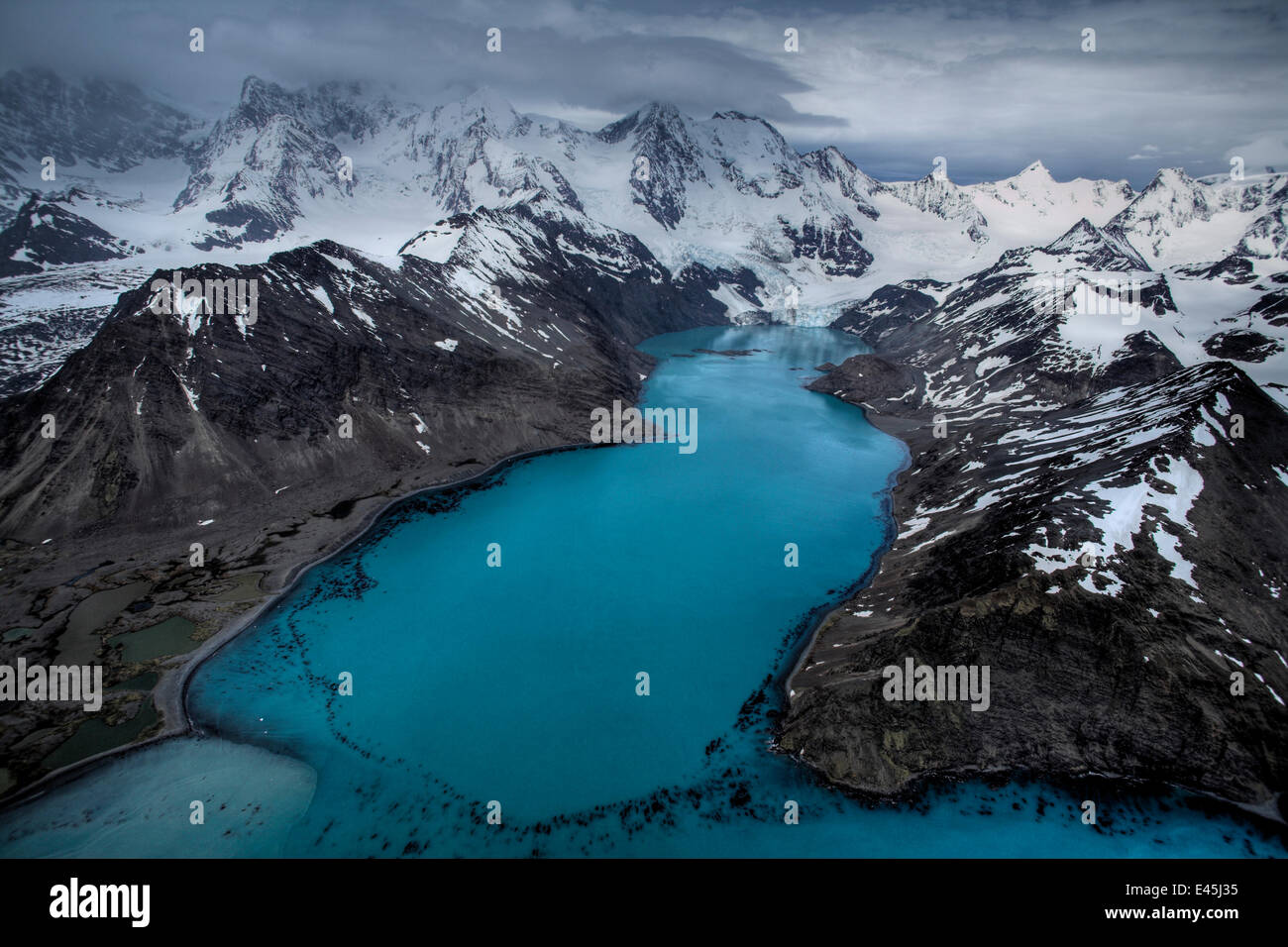 Aerial view of Mercer Bay looking towards Larssen Peak, South Georgia ...