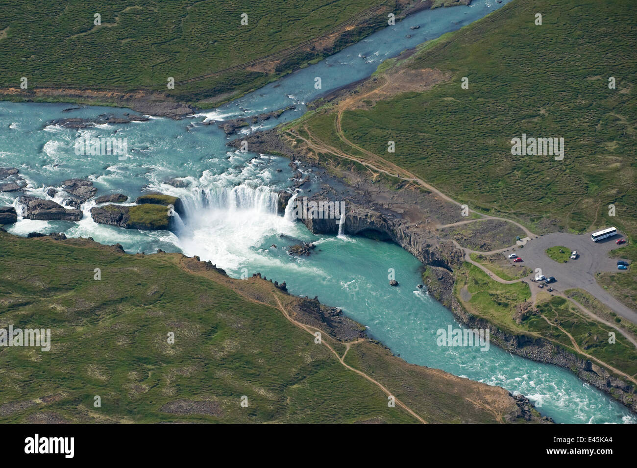 Aerial view of Godafoss waterfall on the Skjalfandafljot River ...