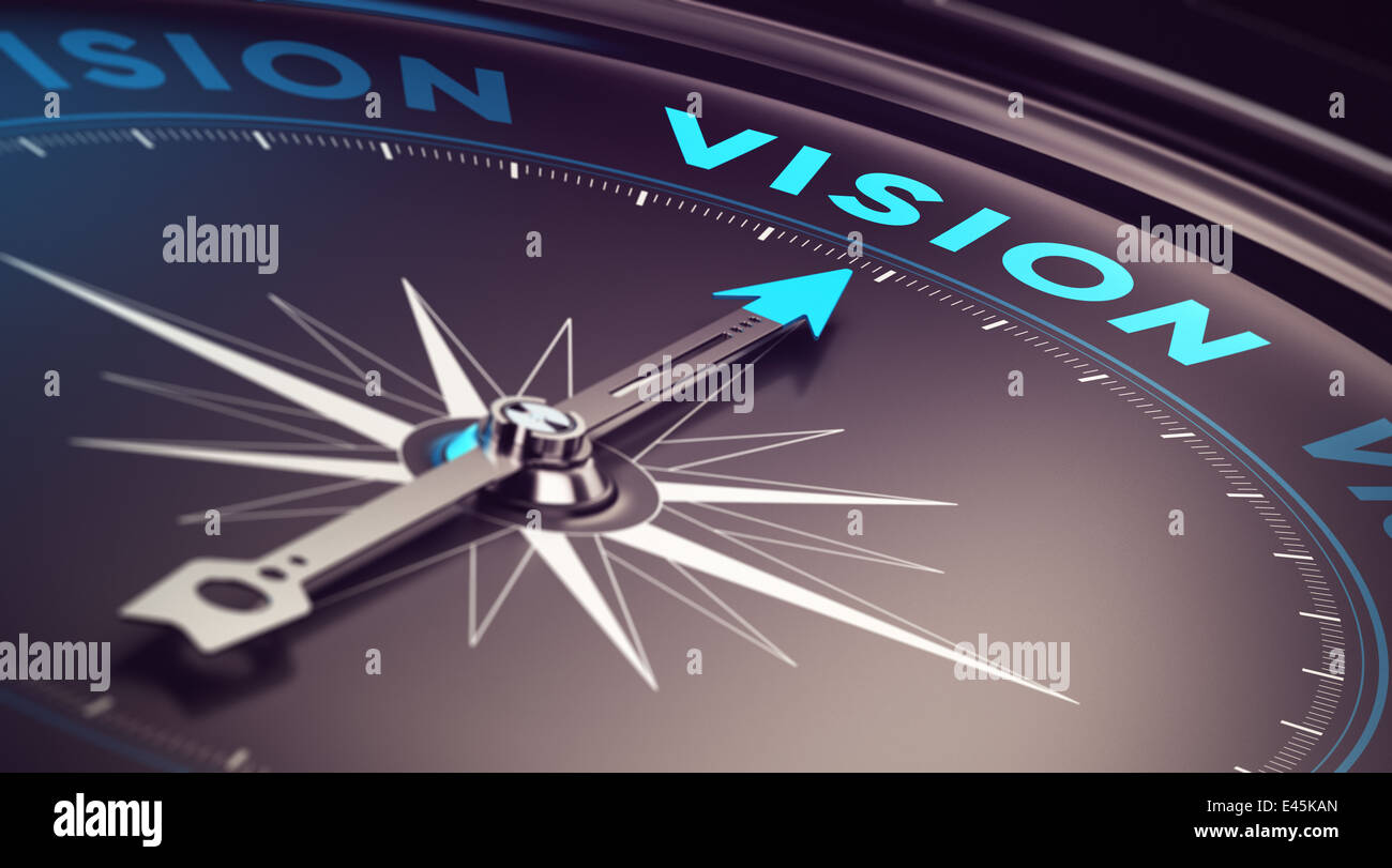 Compass with needle pointing the word vision with blur effect plus blue ...