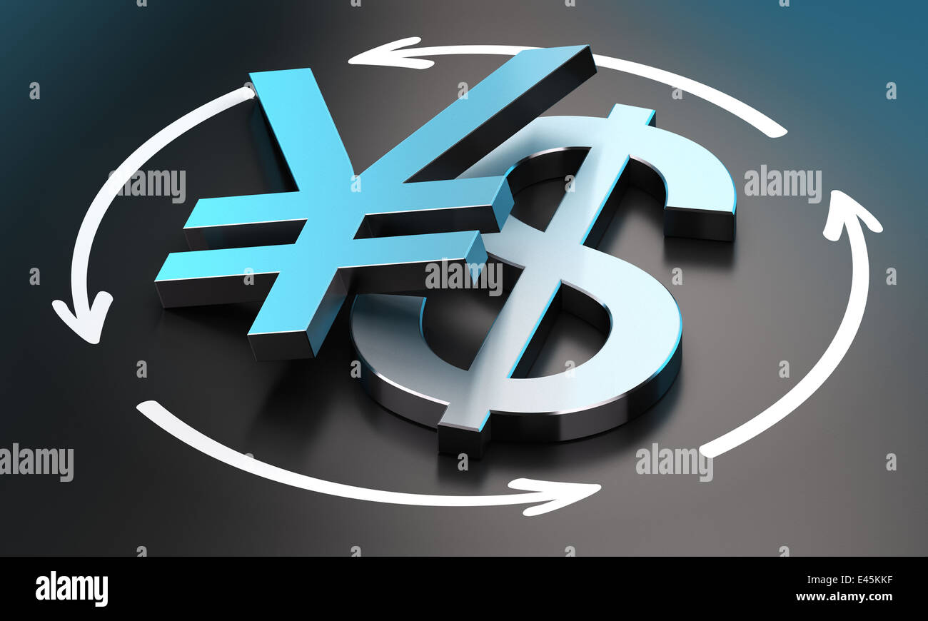 US Dollar and Japanese Yen symbols over black background with circular ...