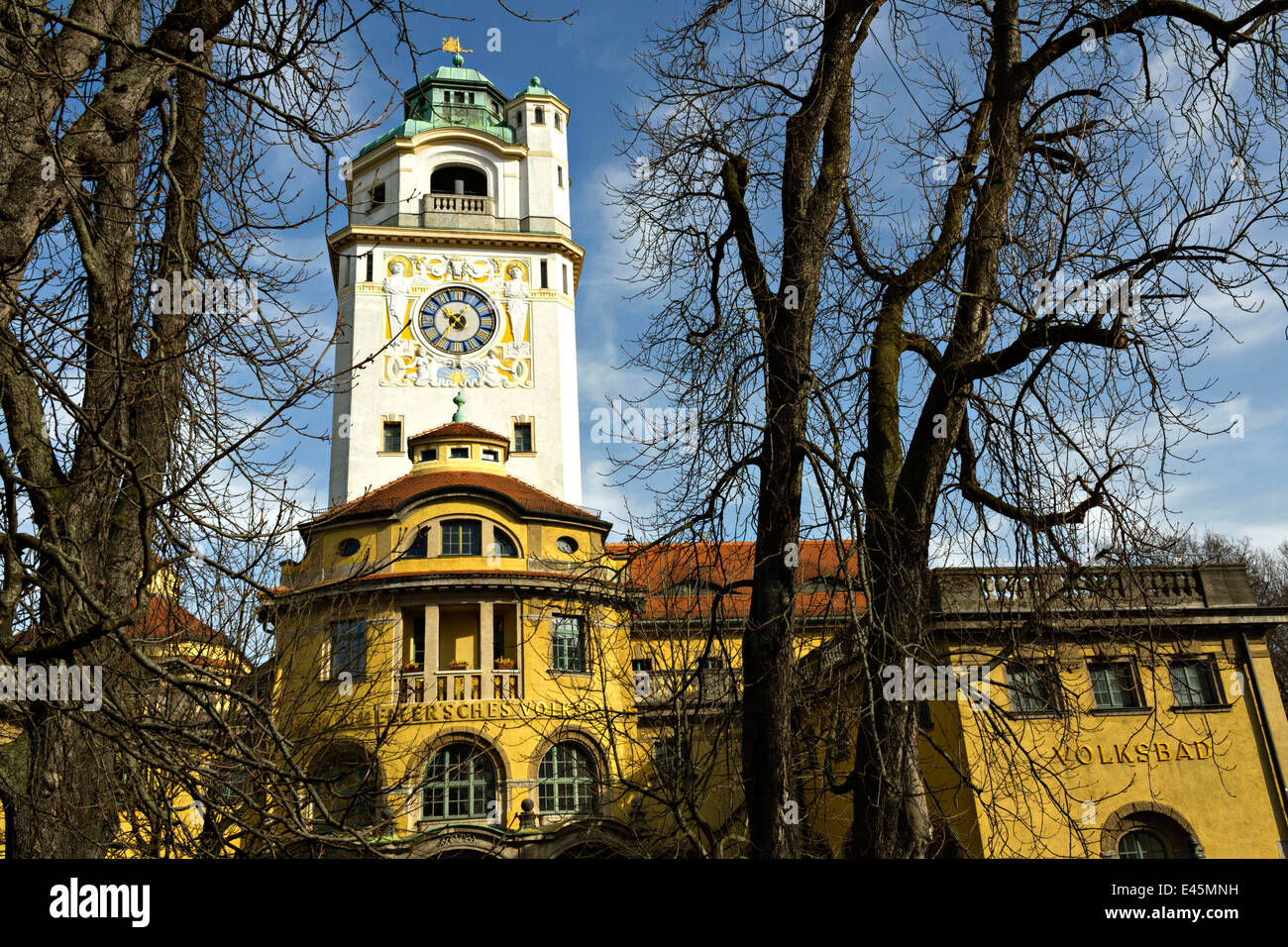 Muellersches Volksbad public swimming pool clock tower on the Isar ...