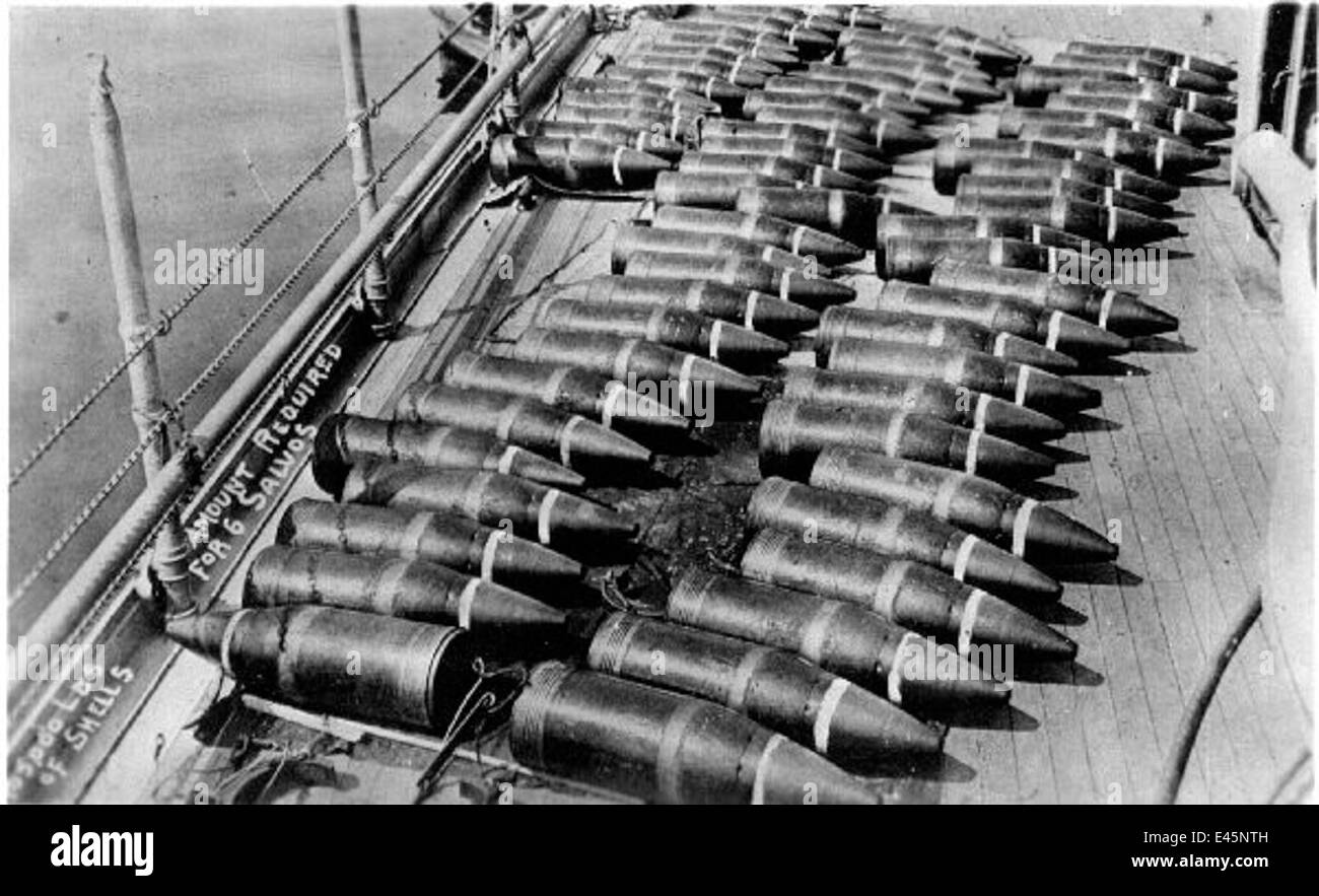 A photograph of a deckload of shells on the USS Nevada (BB-44) in the ...