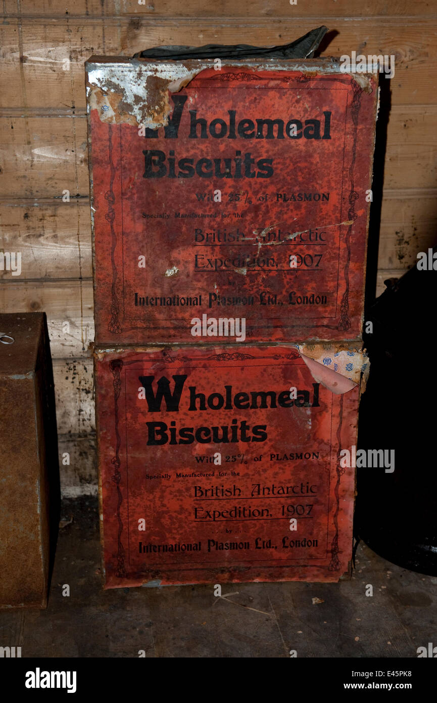 Food supplies (wholemeal biscuits) in interior of Shackleton's Nimrod ...