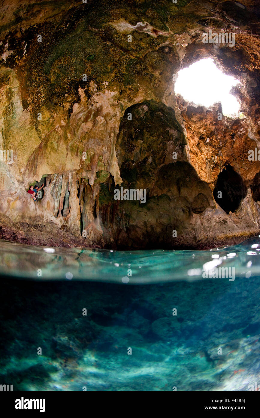 People exploring a cave in the Exumas, Bahamas, Caribbean. June 2009 ...