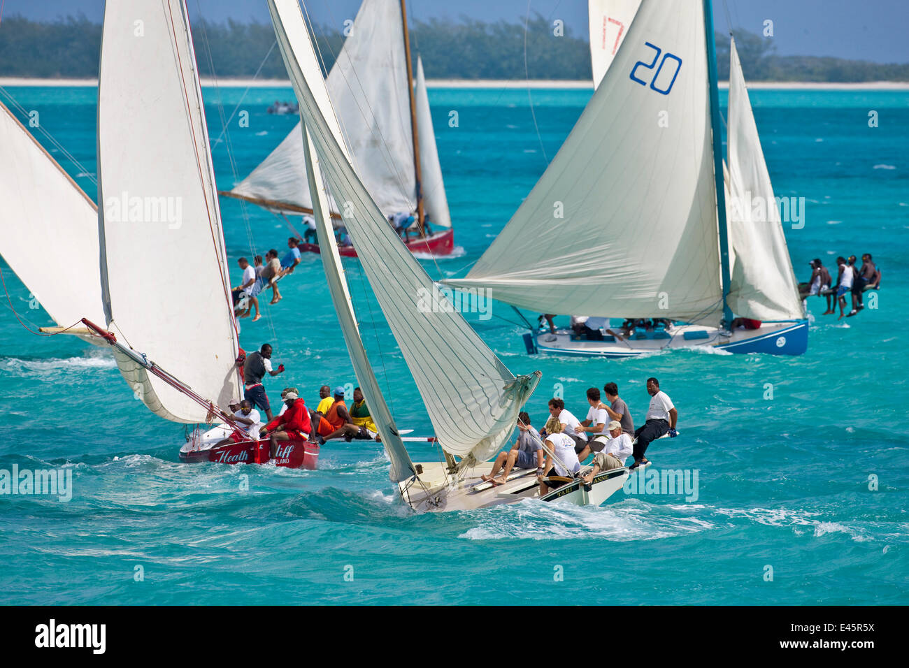 Fleet of boats racing in the Bahamian Sloop regatta, Georgetown Stock ...