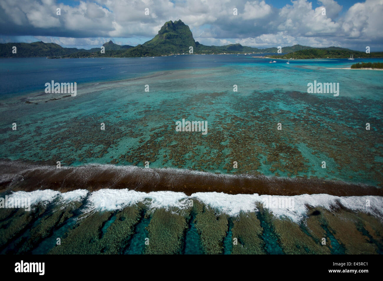 Coastal view and fringing coral reef, Bora Bora Island, Society Islands ...