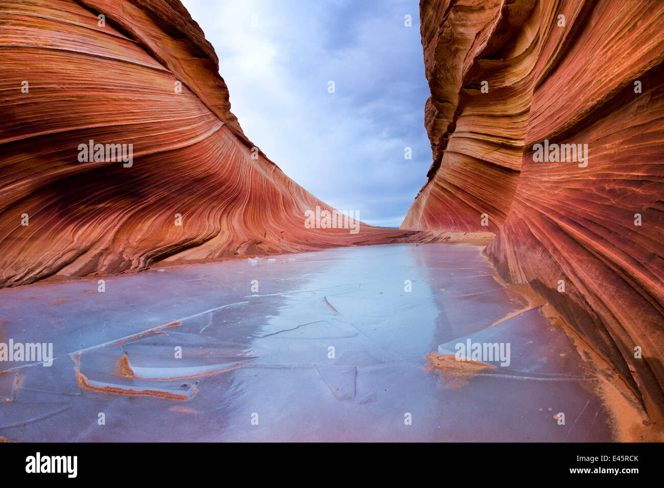Rare winter ice accents the entrance to Arizona's famous sandstone Wave ...