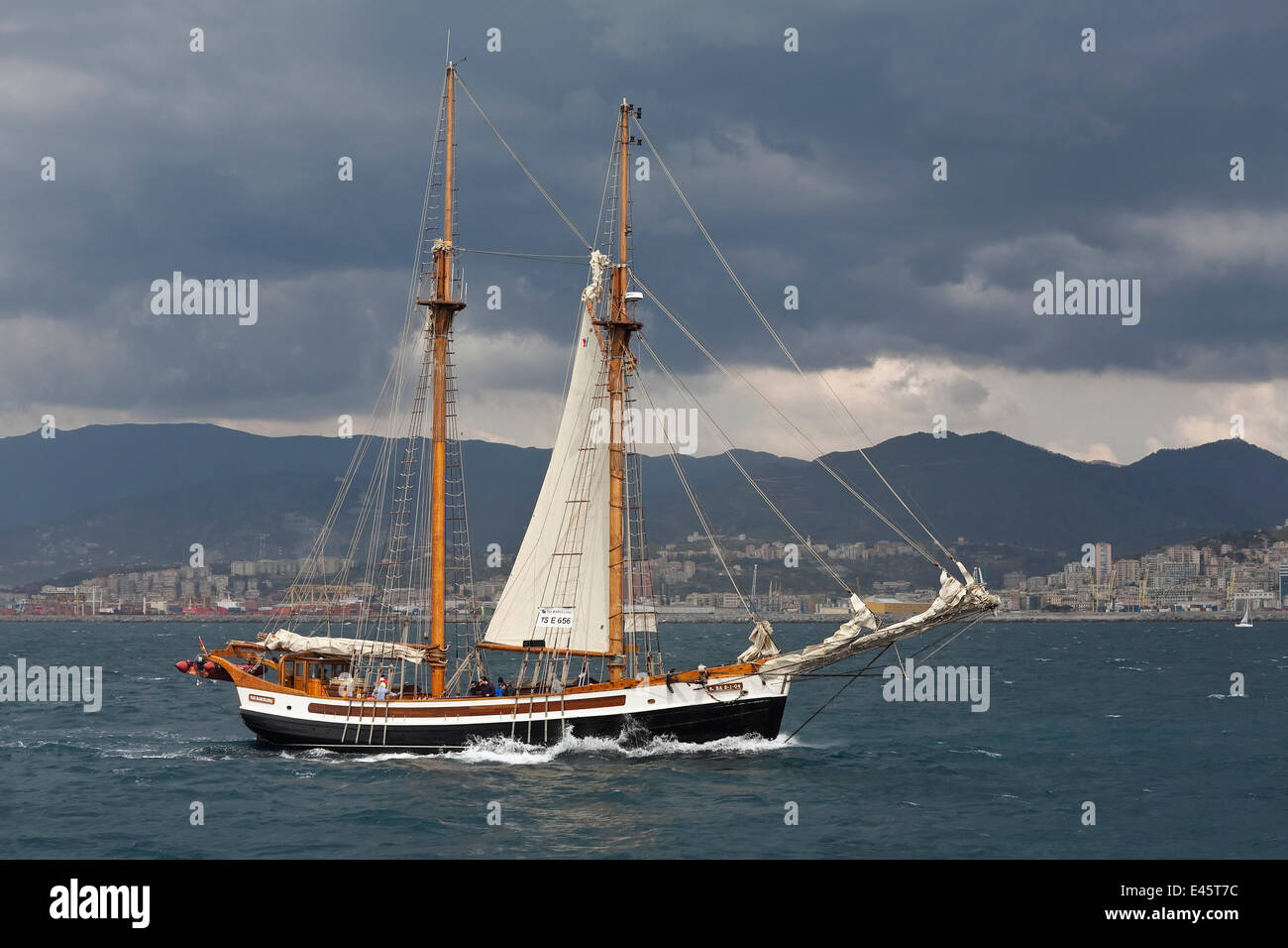 Spanish gaff schooner "Far Barcelona" in the Gulf of Genoa. Garibaldi ...