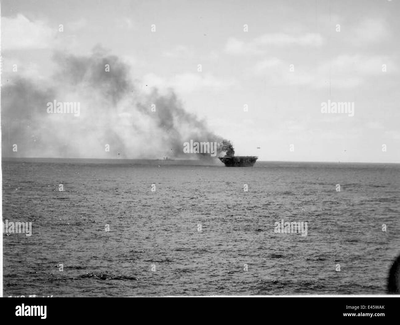 USS Yorktown (CV-5) is seen during the Battle of Midway in 1942, a ...