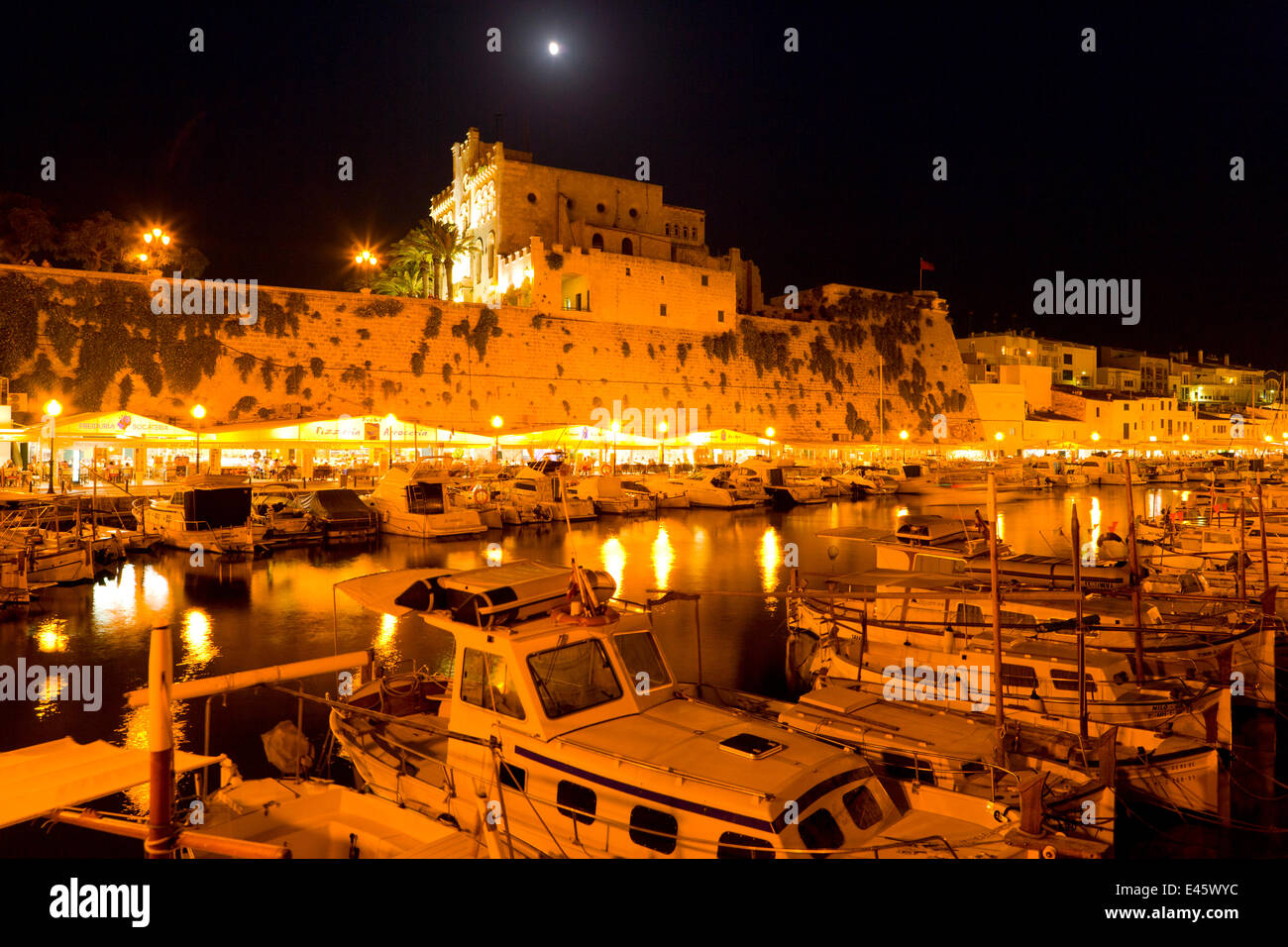 Cuidadella harbour at night, Menorca, Balearic Islands, Spain ...