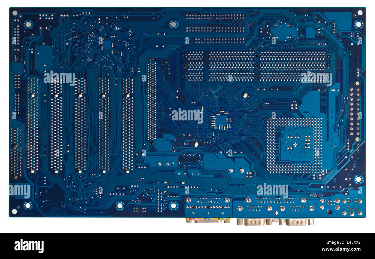 Blue computer mainboard on the back view with isolate background Stock ...