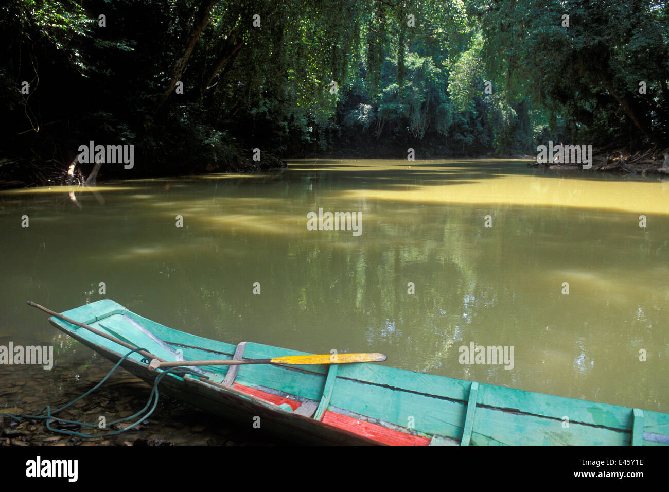 Dayak long boat on river, Central Borneo, Sarawak, Malaysia Stock Photo ...