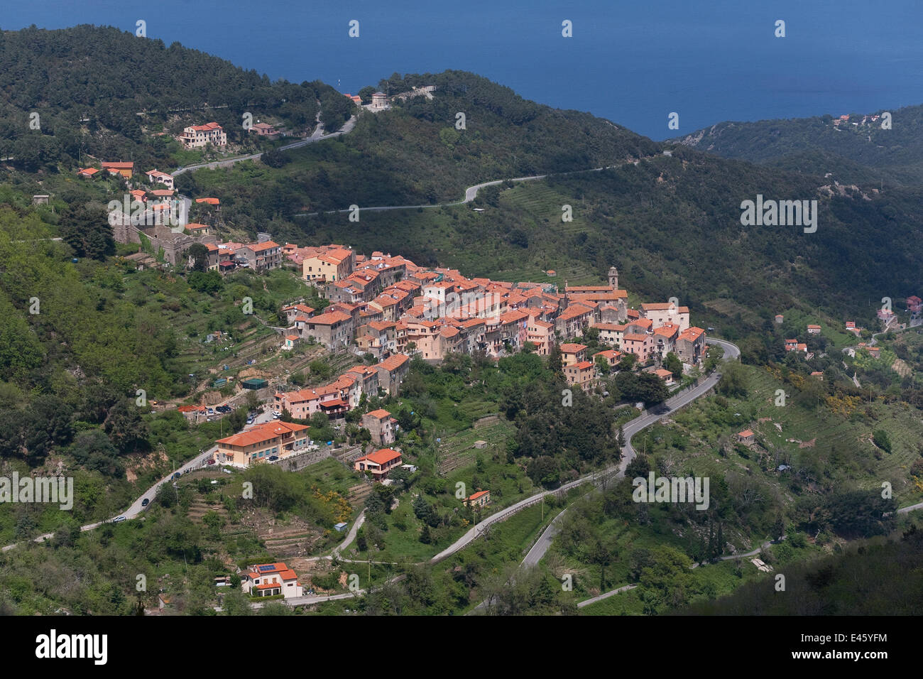 Aerial view of the village of Marciana, Elba island, Italy, May 2010 ...