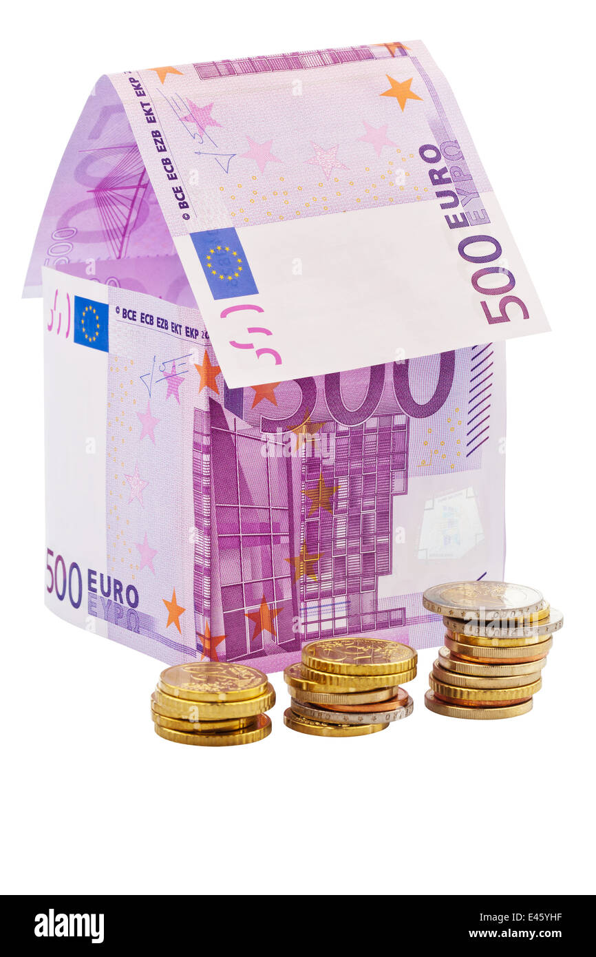 A house built from Euro notes on white background. Building society ...