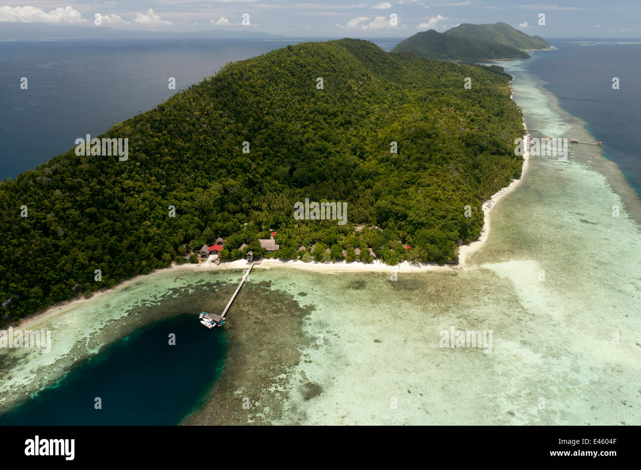 Aerial of Kri Island, Kri Eco Resort and Sorido Bay Resort. Raja Ampat ...