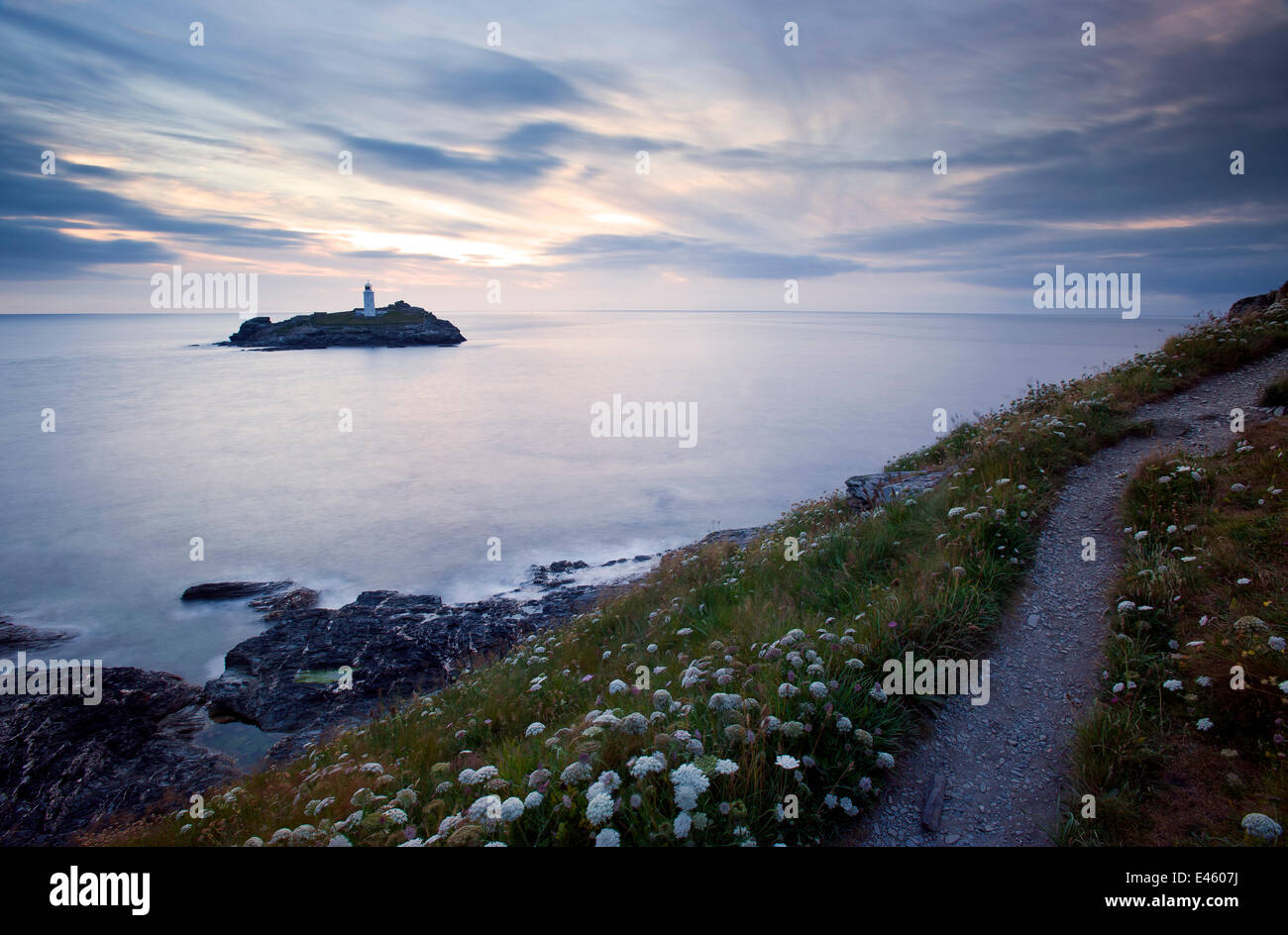 Godrevy Lighthouse in the evening light, seen from a coastal path ...